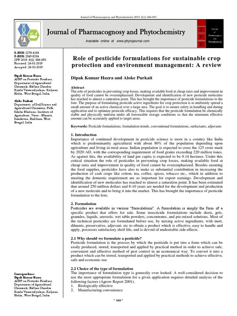 Role of Pesticide Formulations For Sustainable Crop Protection and Environment Management: A ...