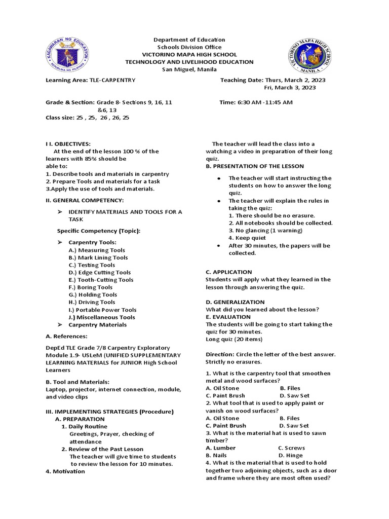 Lesson 1 Quiz | PDF | Tools | Teachers