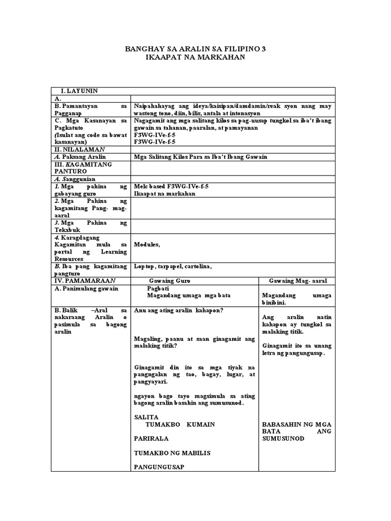 BANGHAY SA ARALIN SA FILIPINO 3.docx | PDF