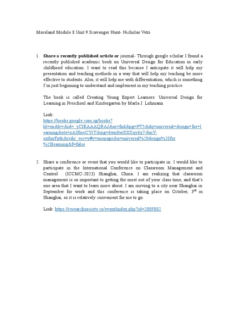 Moreland Module 8 Unit 9 Scavenger Hunt | PDF | Communication | Learning