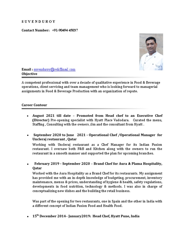 Suvendu Roy - CV | PDF | Menu | Chef