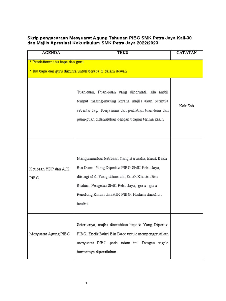 Skrip Mesyuarat Agung PIBG SMKPJ 23 | PDF