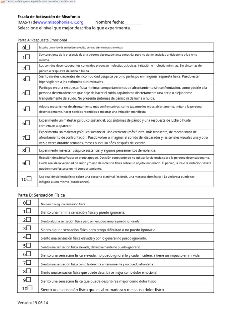 ESPAÑOL ESCALA MAS - 1 Misophonia-Activation-Scale-2.en - Es | PDF ...