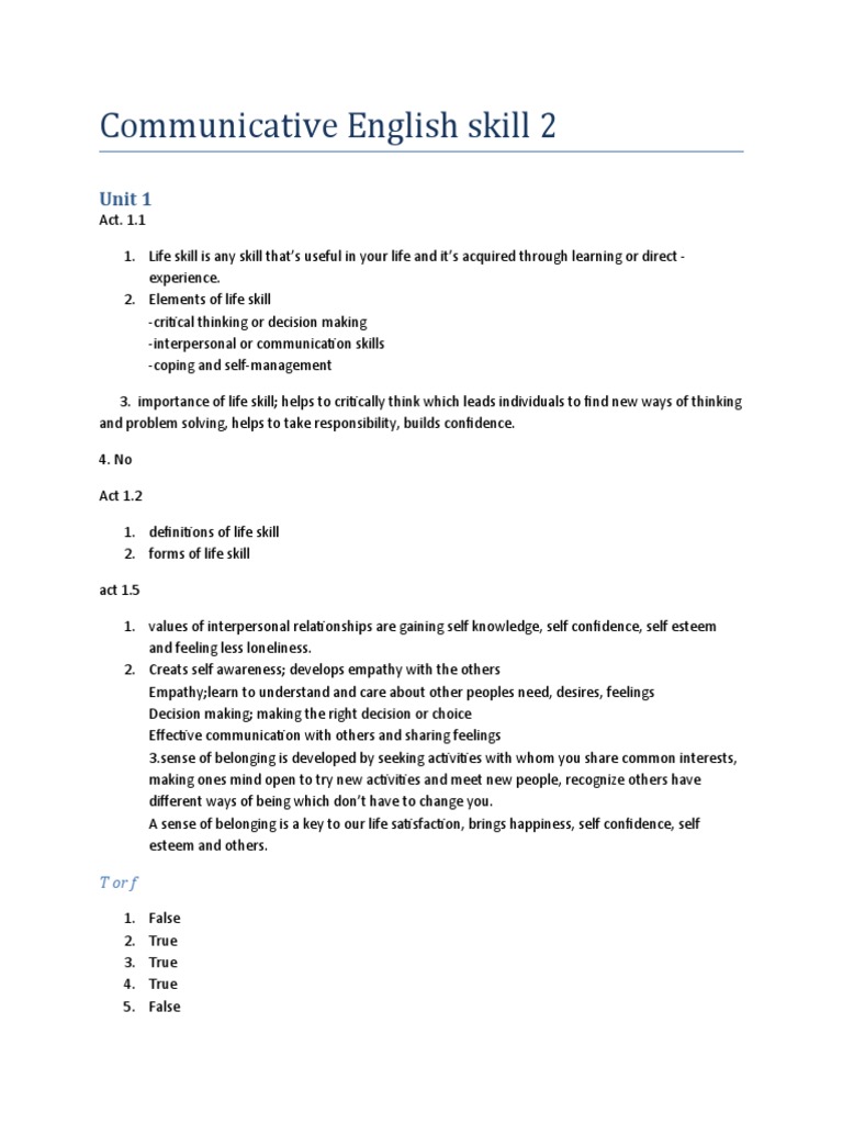 Communicative English Skill 2: Unit 1 | PDF