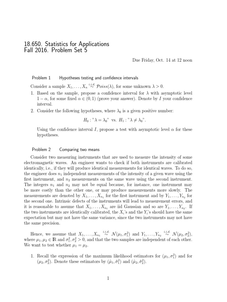 MIT18.650. Statistics For Applications Fall 2016. Problem Set 5 ...