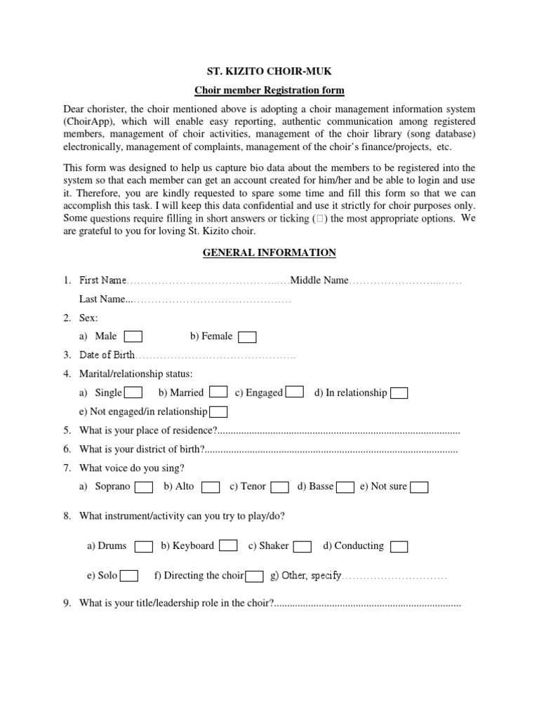 Choir Registration Form | PDF | Choir