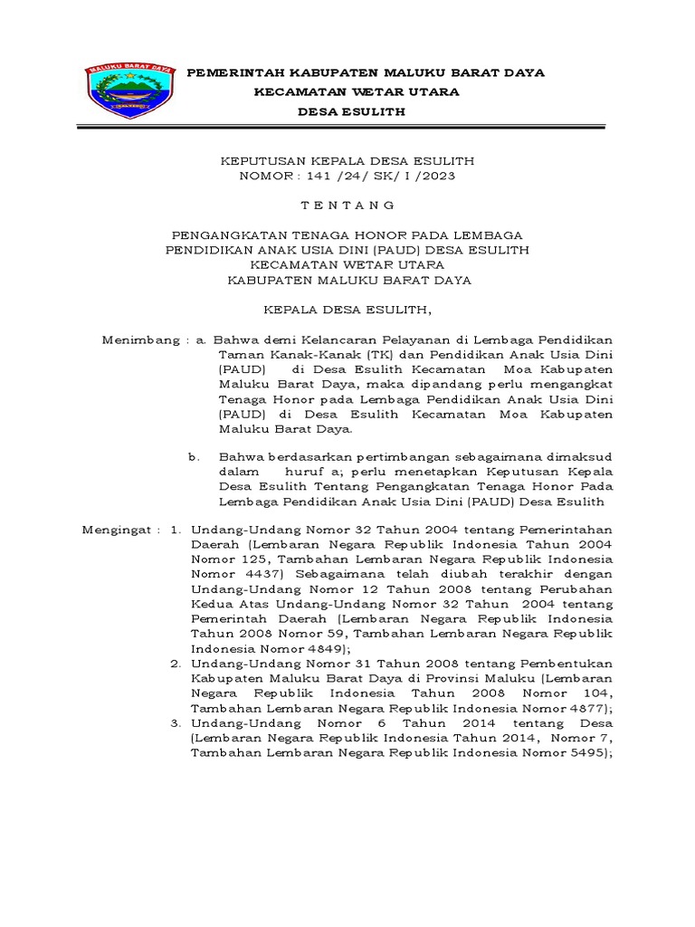 SK Guru TK Paud Desa Esulith | PDF