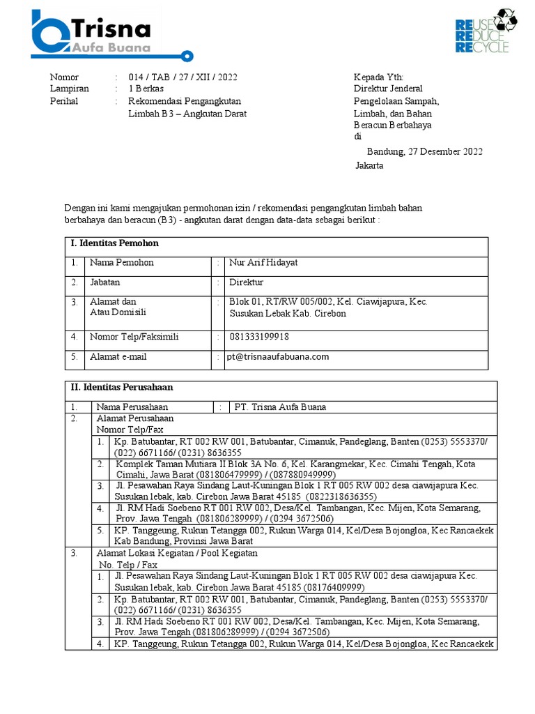Surat Permohonan Rekom Limbah MB' | PDF