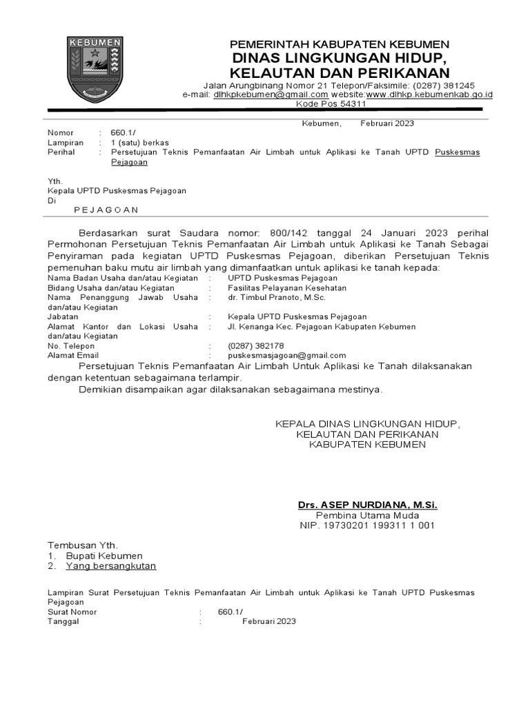 Pertek Pemanfaatan Air Limbah untuk Aplikasi ke Tanah UPTD Puskesmas ...