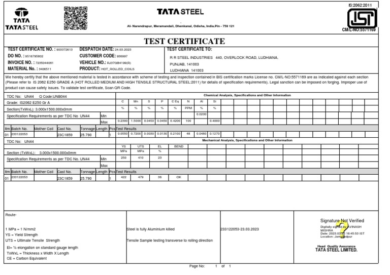 Test Certificate: CM/L-NO:5571169 | PDF | Ultimate Tensile Strength | Steel