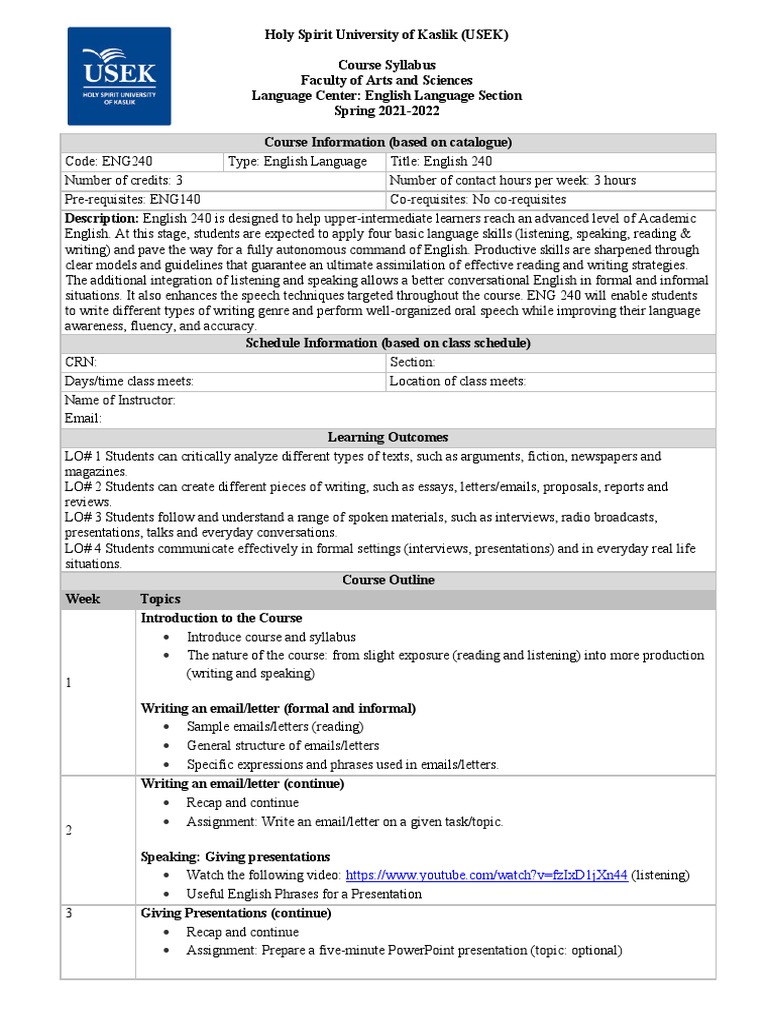ENG240 Syllabus Spring 2021-2022 | PDF | Essays | Communication
