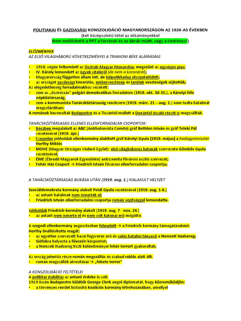 POLITIKAI ÉS GAZDASÁGI KONSZOLIDÁCIÓ MAGYARORSZÁGON AZ 1920-AS ÉVEKBEN | PDF