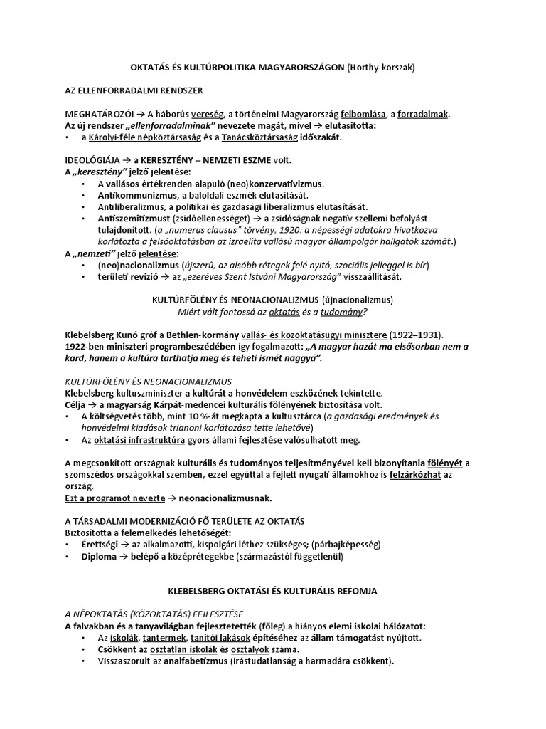 OKTATÁS ÉS KULTÚRPOLITIKA MAGYARORSZÁGON (Horthy-Korszak) - Tétel | PDF
