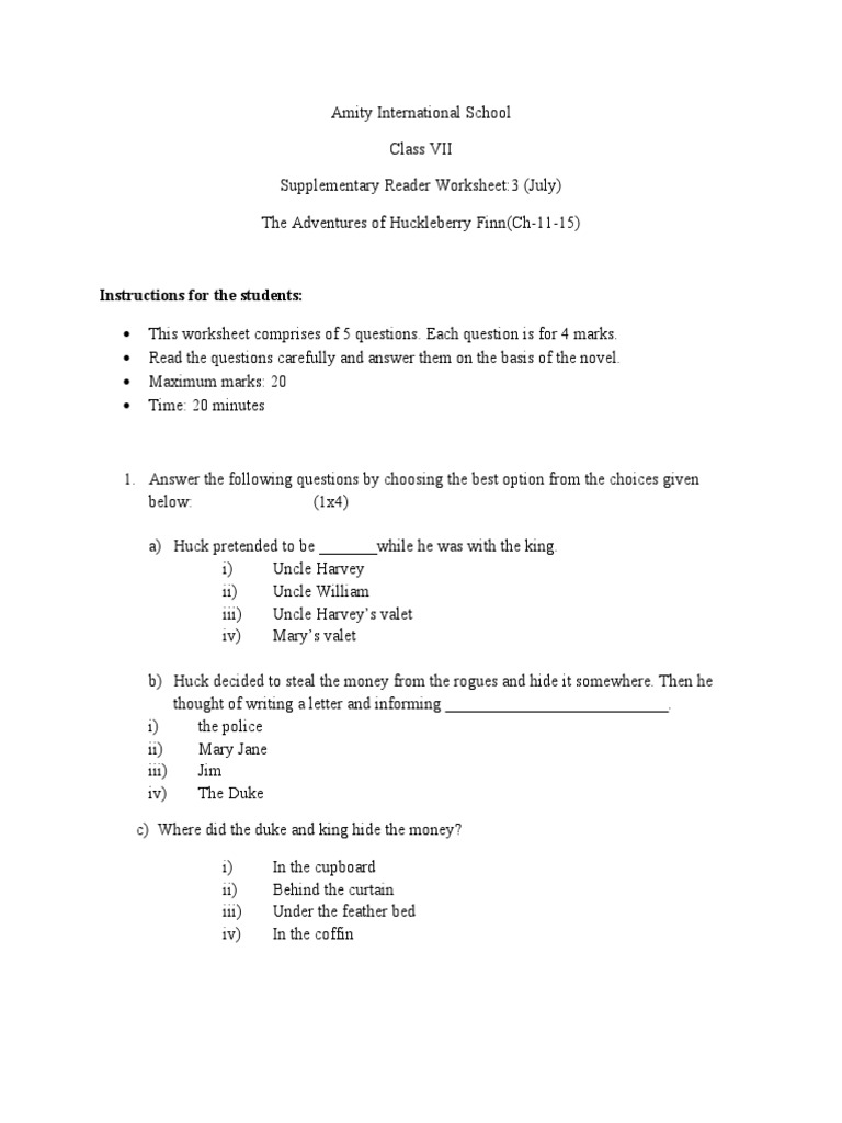Instructions For The Students | PDF | Huckleberry Finn | Adventures Of ...