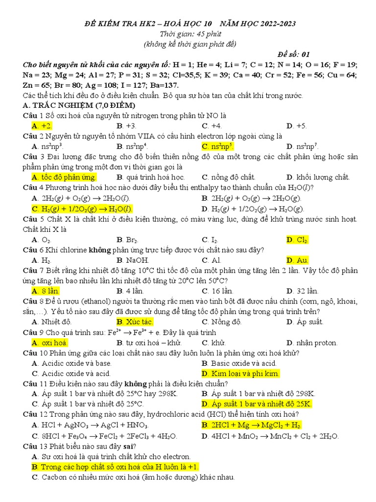 2 ĐỀ ÔN TẬP HOÁ HỌC 10 HK2 | PDF