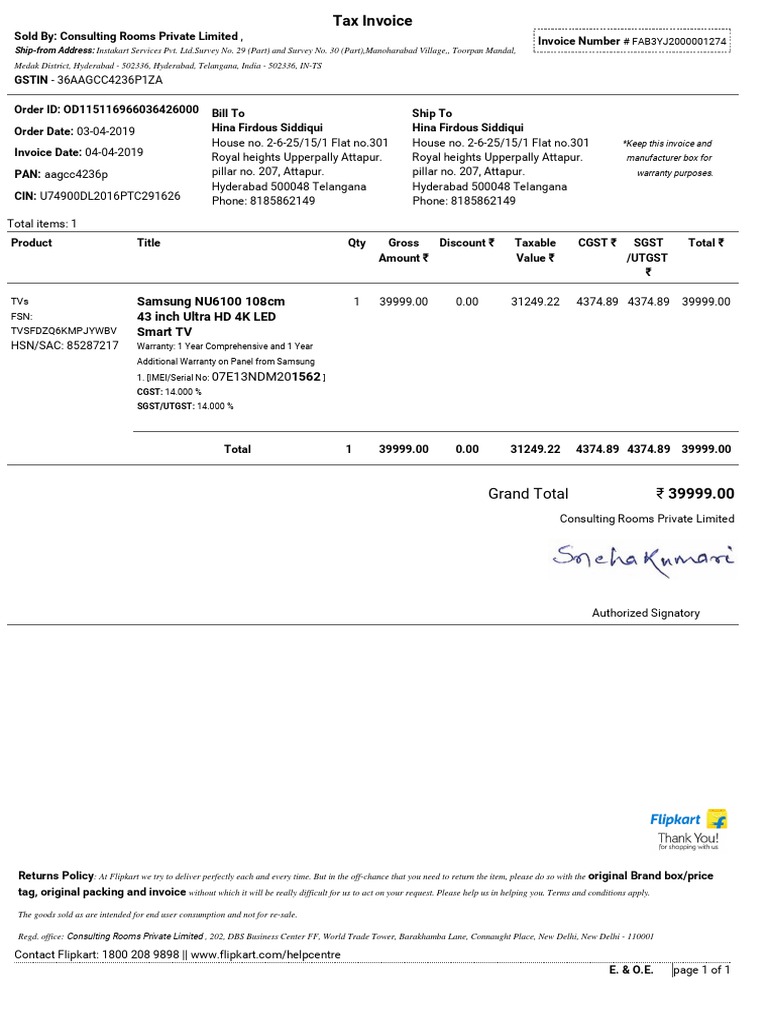 Samsung NU6100 TV Invoice 2019 | PDF