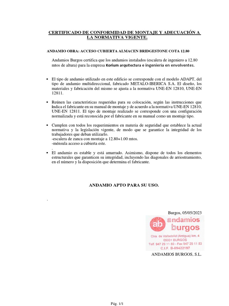 Certificado de Escalera de Peldaño Korium 05-05-23 | PDF