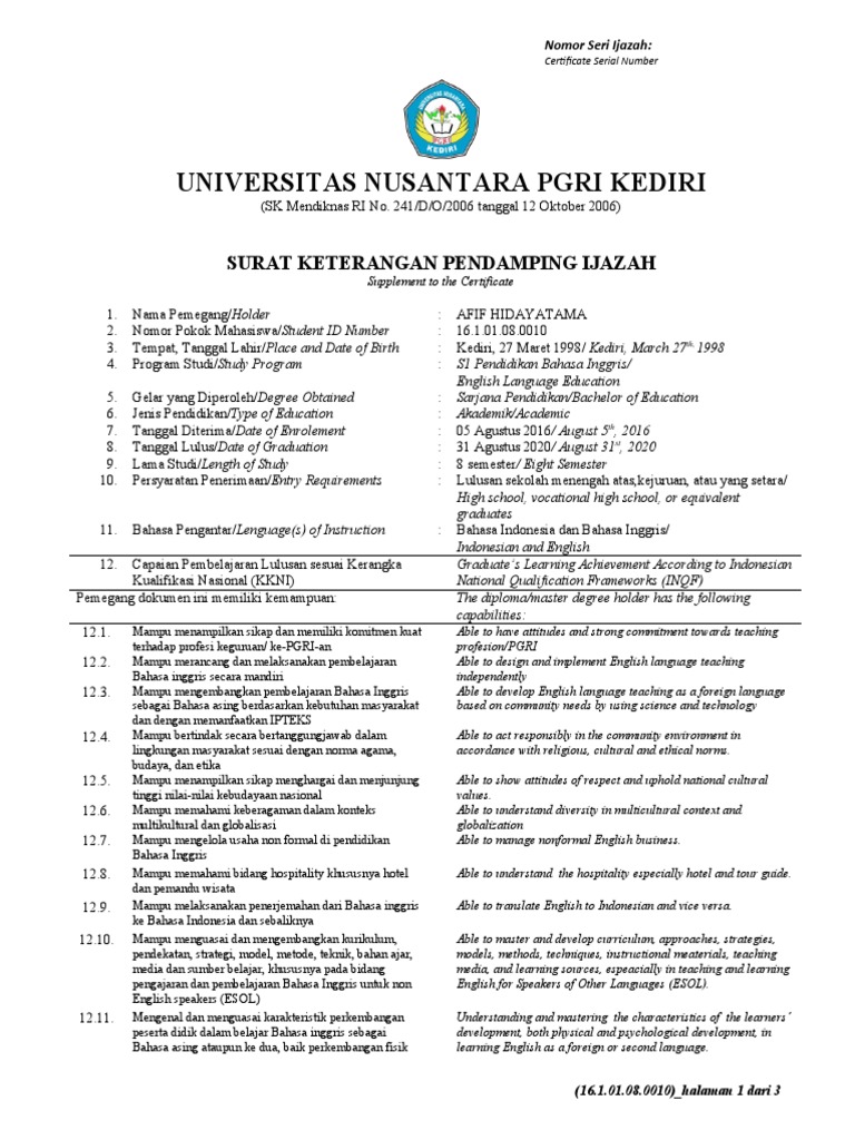 AFIF Template SKPI FKIP-BHS INGGRIS | PDF