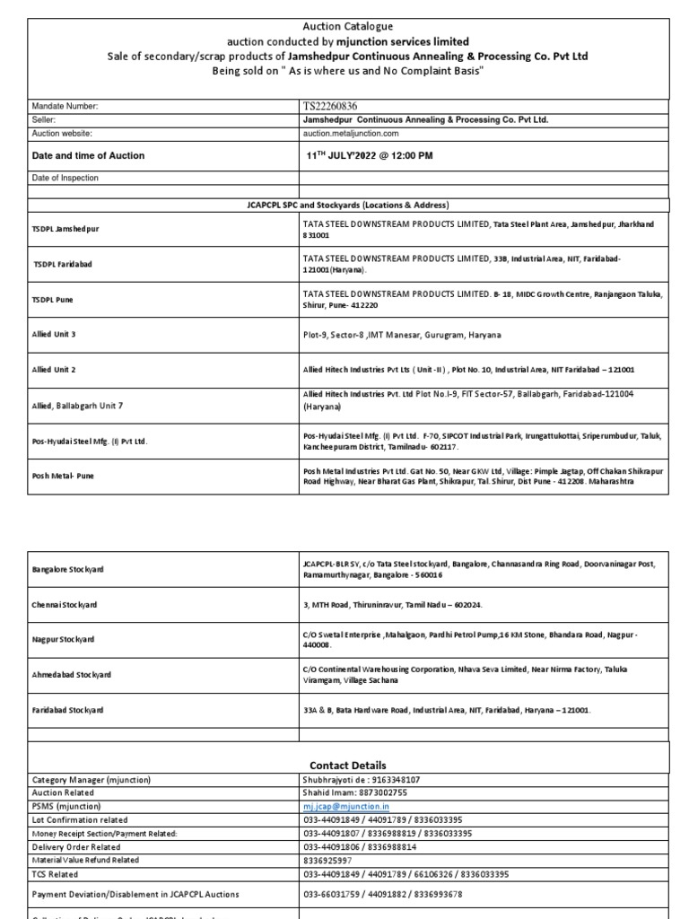JCAPCPL Scrap Auction Catalogue | PDF | Taxes | Invoice