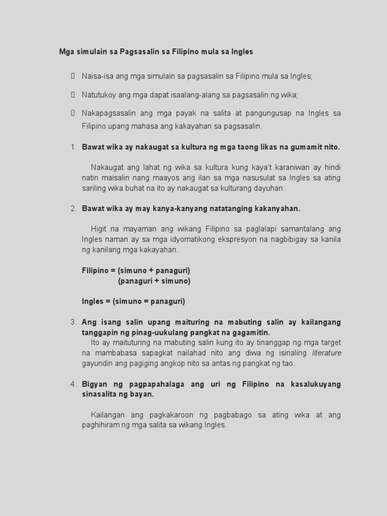Mga Simulain Sa Pagsasalin Sa Filipino Mula Sa Ingles | PDF