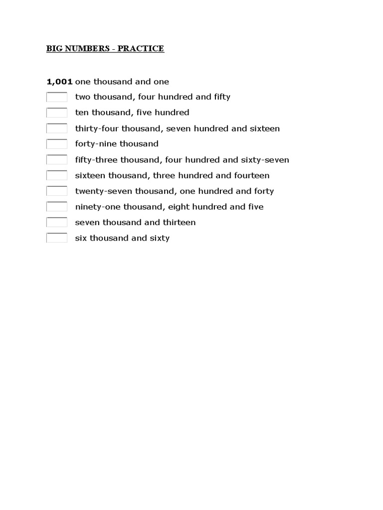 Big Numbers - Practice | PDF | Cooking, Food & Wine