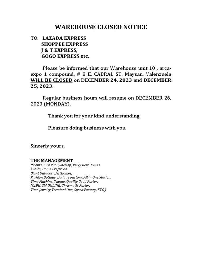 Warehouse Holiday Closure Notice | PDF