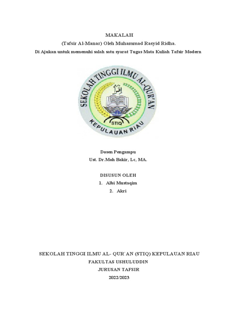 Tafsir Al-Manar Karya Muhammad Rasyid Ridha: Metode, Corak dan ...