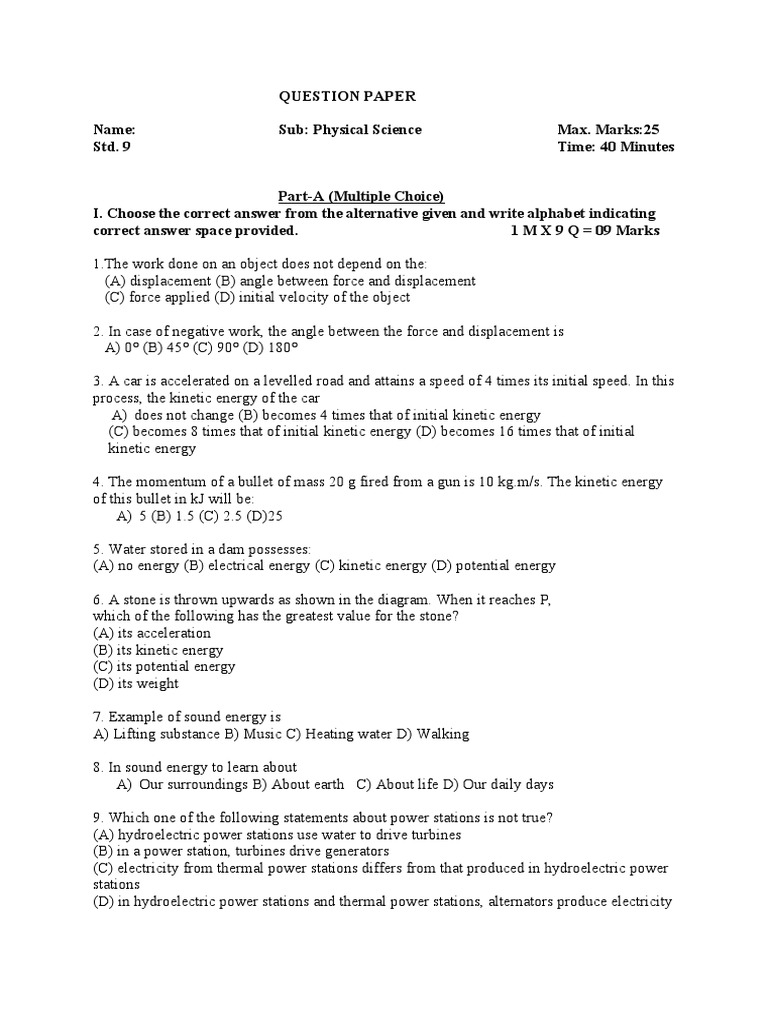 FORMAT OF QUESTION PAPER Physics Science | PDF | Kinetic Energy | Power ...