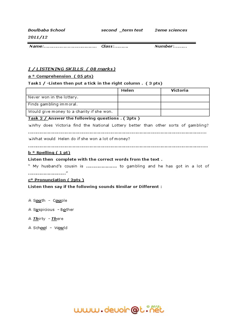 Devoir de Synthèse N°2 - Anglais - 2ème Sciences (2011-2012) Mlle ...
