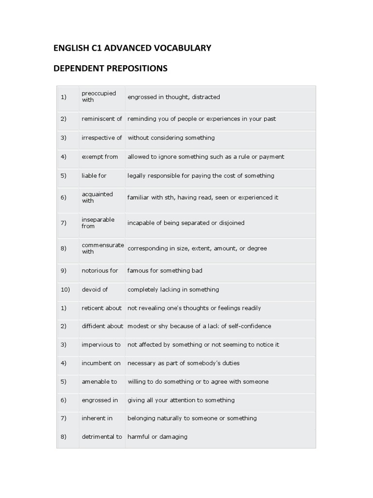 Dependent Prepositions English C1 Advanced Vocabulary PDF | PDF | Anxiety | Pleasure
