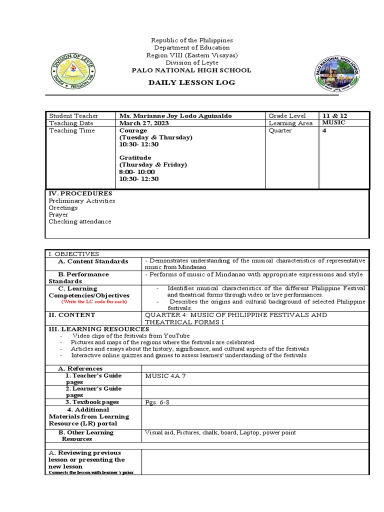Music Lesson Plan 4th quarter | PDF | Educational Assessment | Learning