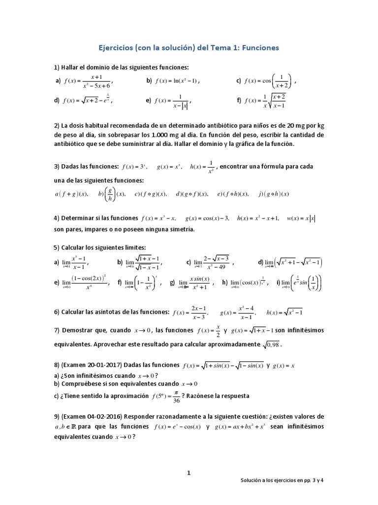 Ejercicios (Con La Solución) Tema1 Funciones | PDF | Matemáticas | Análisis matemático