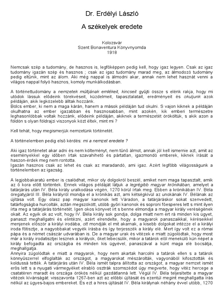 Dr. Erdélyi László - A Székelyek Eredete (1918) | PDF