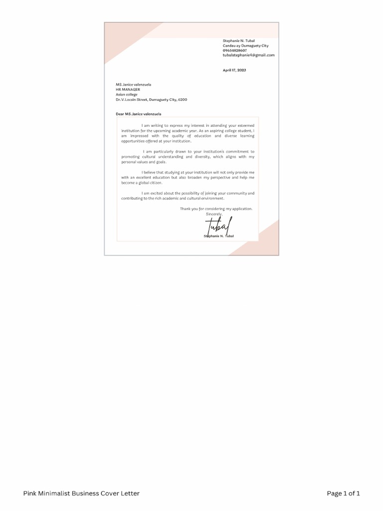 Pink Minimalist Business Cover Letter 1 | PDF