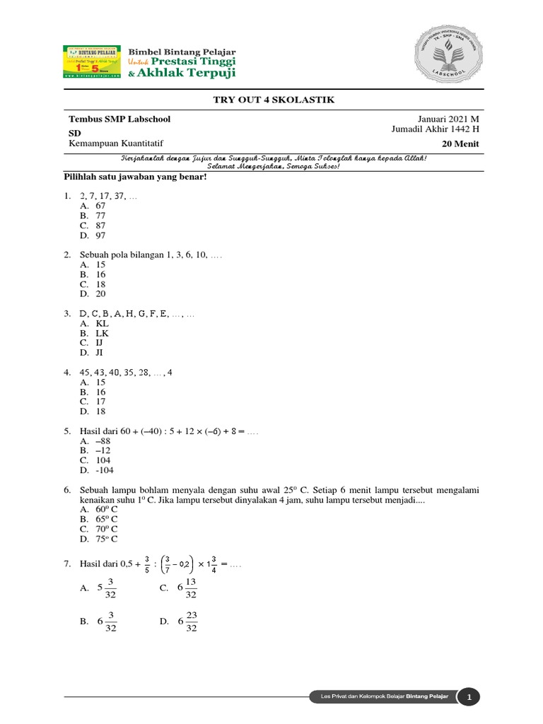 TO 4 Skolastik Tembus SMP Labschool (Kemampuan Kuantitatif) 2021 PDF | PDF