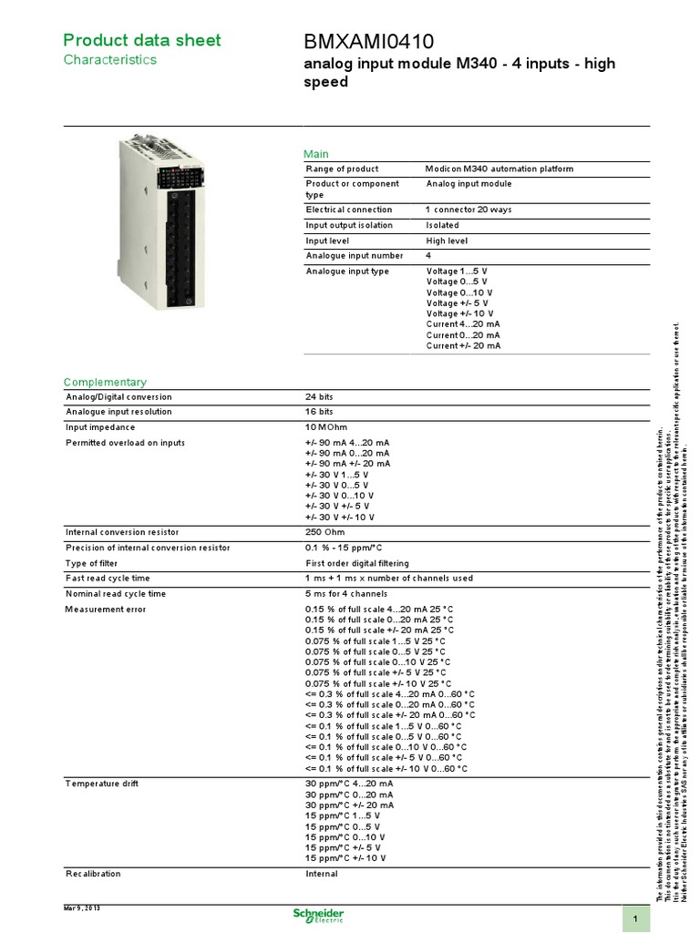 Specifications and Technical Details of the Modicon M340 Analog Input Module with 4 Inputs for ...