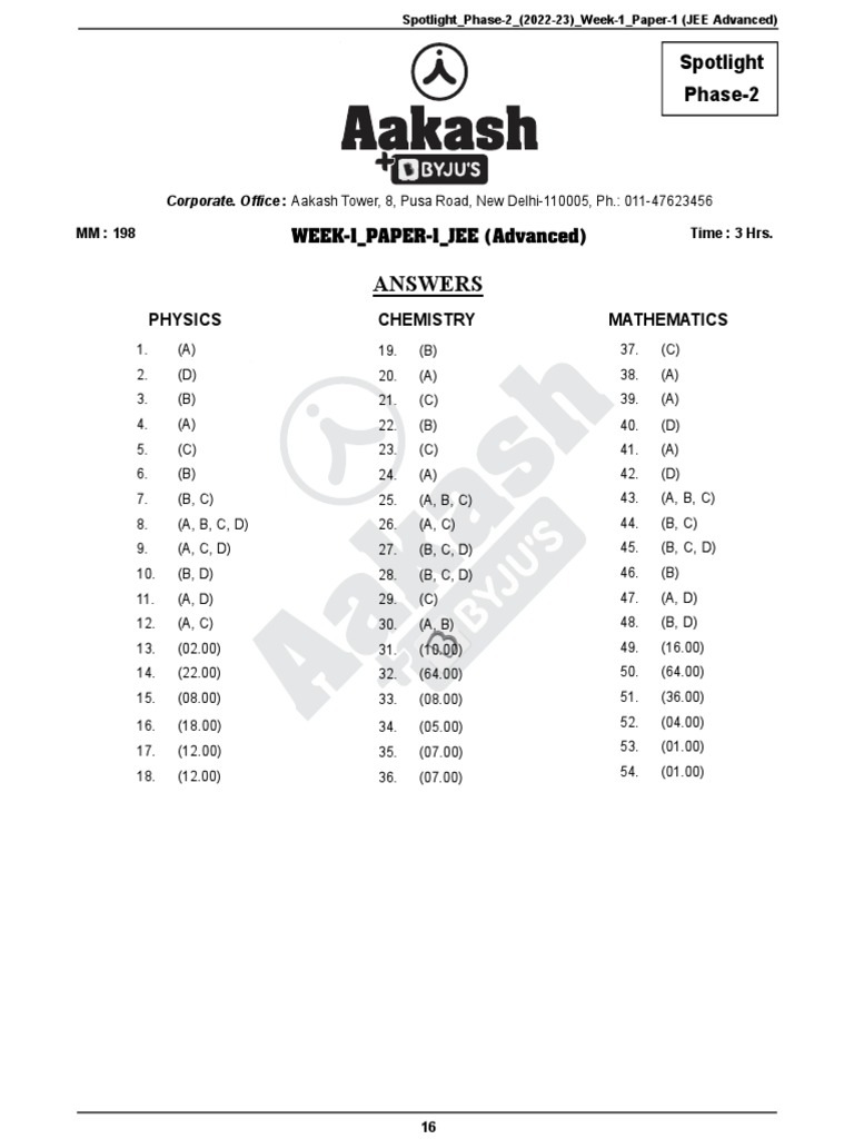 Spotlight Phase 2 2022 23 Week 1 Paper 1 Compile 2020 P 1 Answer Key And Sol