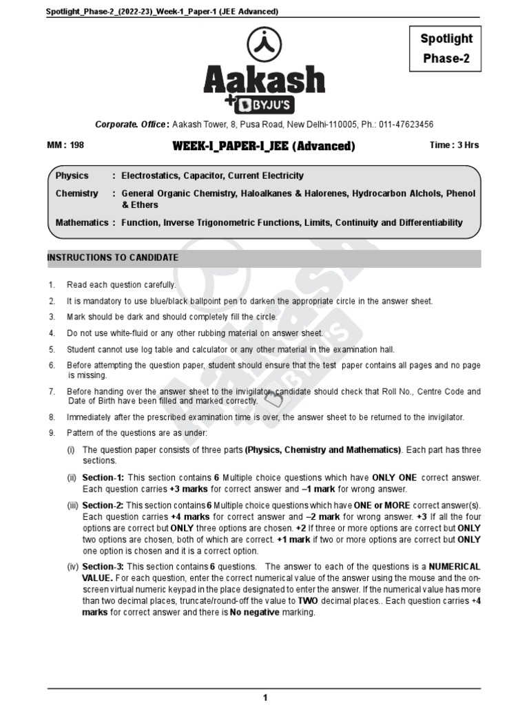 JEE Advanced Practice Paper: Week 1 Multiple Choice Questions on Physics, Chemistry, and ...