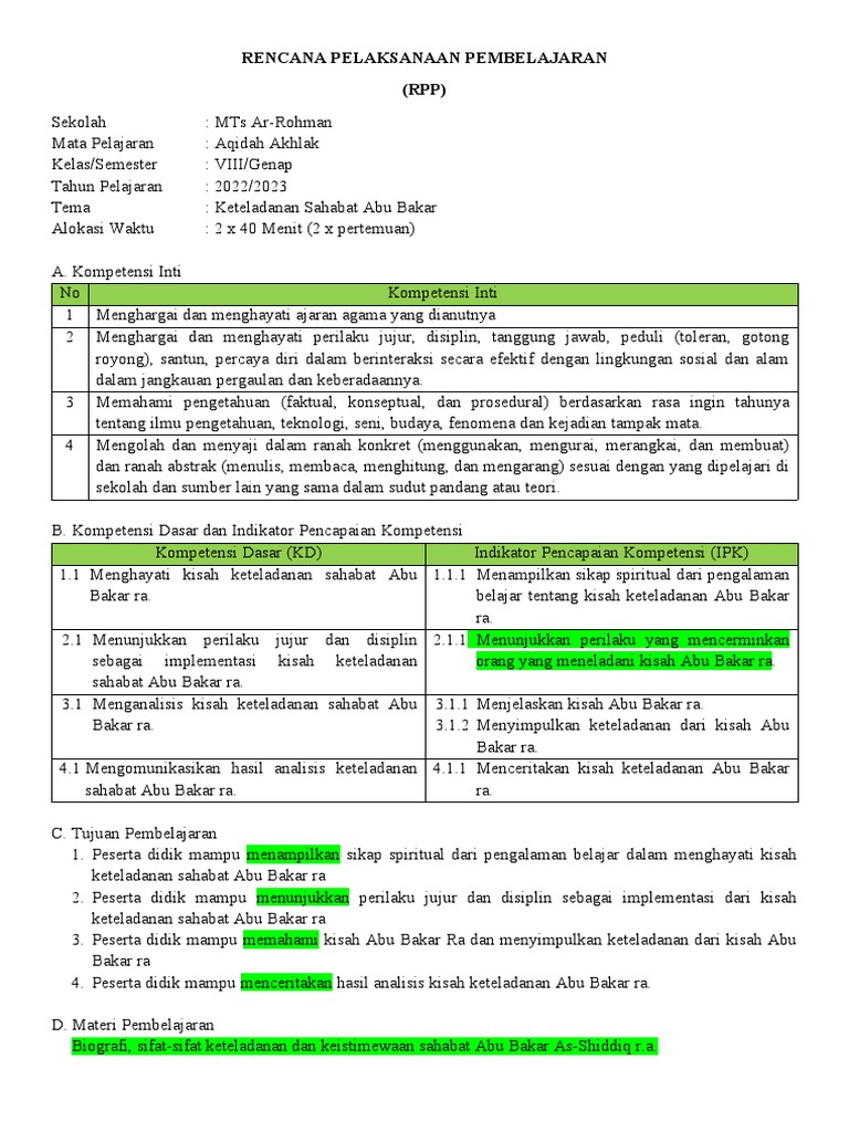 RPP Aqidah Akhlak - Feri Rohman | PDF