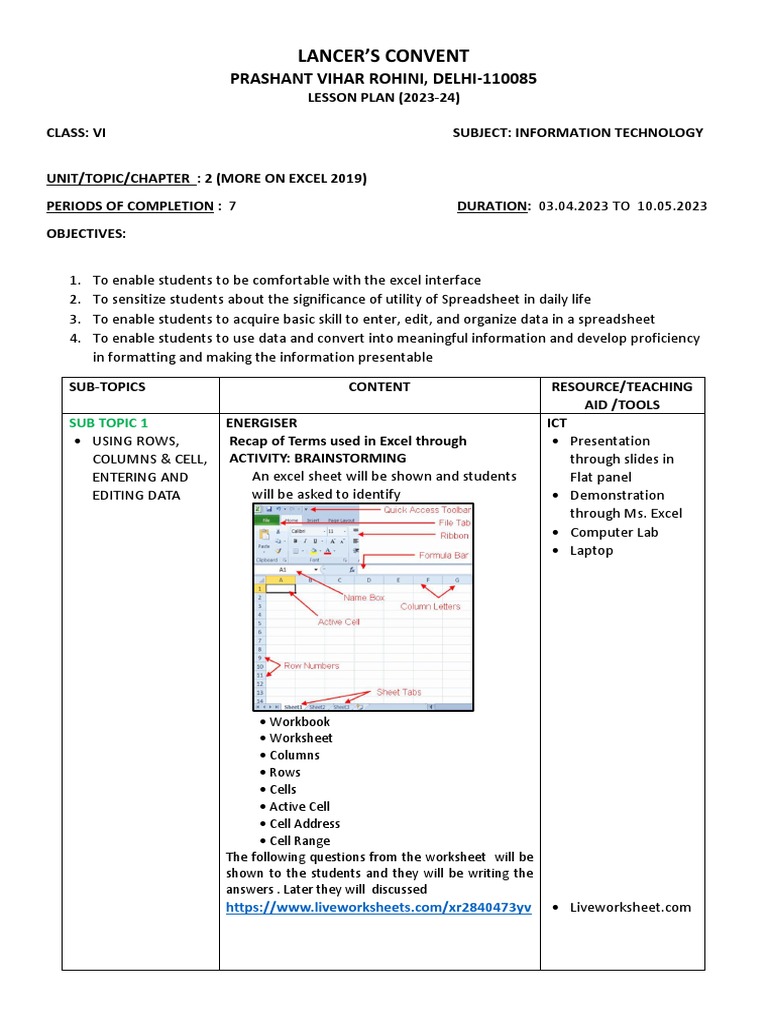 Lesson Plan MS Excel For Class 6 Students | PDF | Microsoft Excel ...