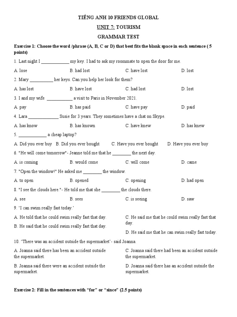 Unit 7 Grammar Test: Tourism | PDF