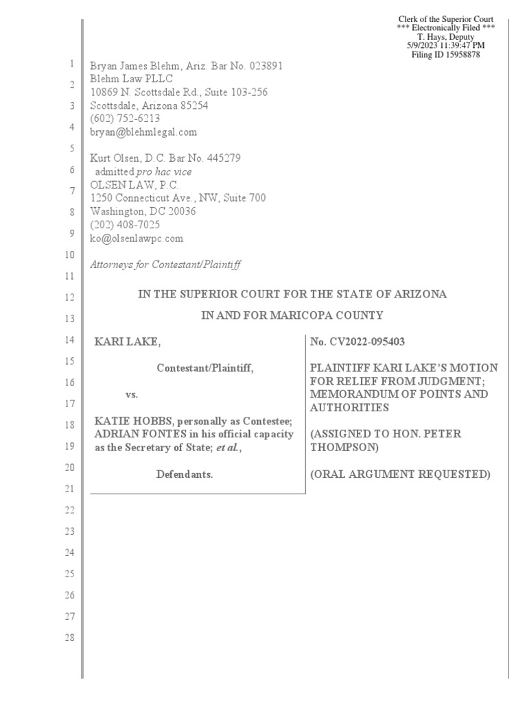Kari Lake's Motion For Relief From Judgment Memorandum of Points and ...