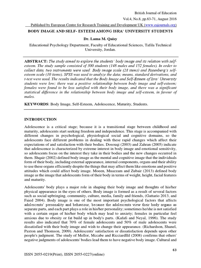 Body Image and Self Esteem Among Isra' University Students | PDF | Self ...
