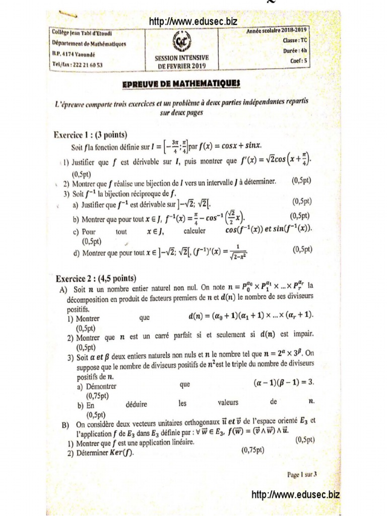 Epreuves de Mathematiques Tle C College Jean Tabi Decembre 2018 A La Quatrieme Sequence PDF | PDF