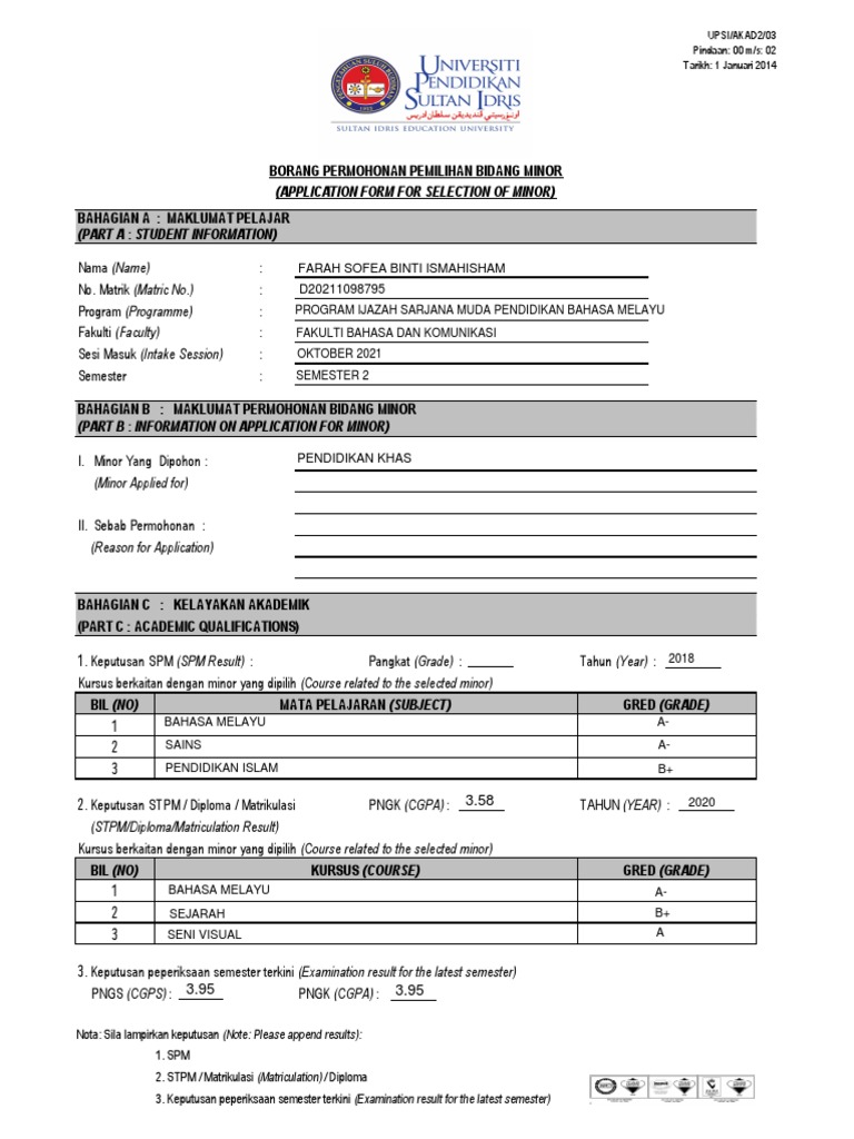 Borang Permohonan Bidang MINOR DWI PDF | PDF
