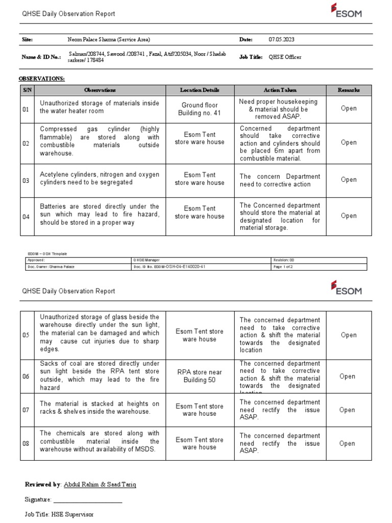07.05.2023, Daily Observation Report - Service Zone | Download Free PDF ...