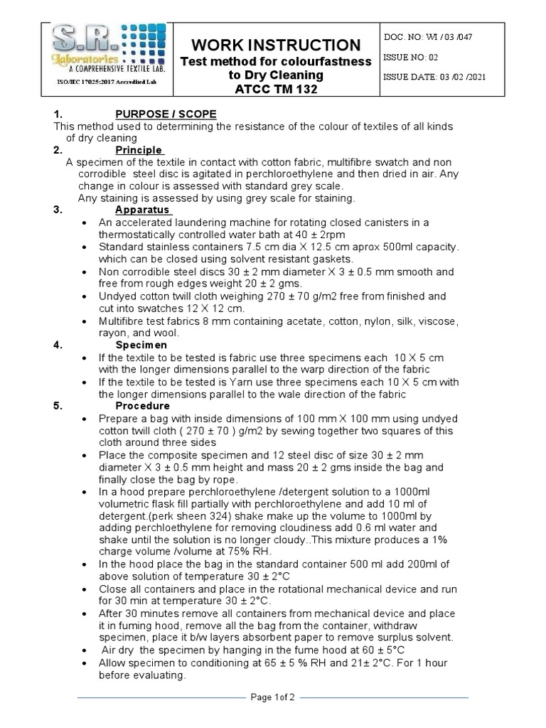 047 AATCC 132 - 2004 (2013) CF To Dry Cleaning | Download Free PDF ...