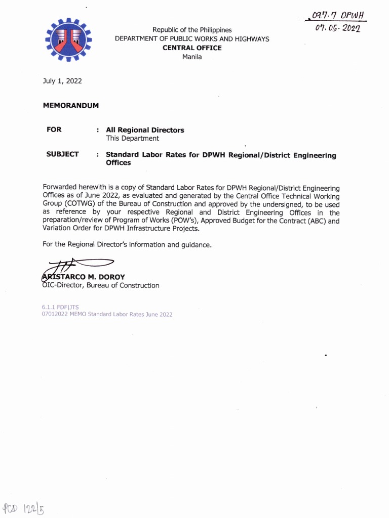 Memo 097.7 - 070122 - Standard Labor Rates For DPWH Regional DEOs PDF | PDF