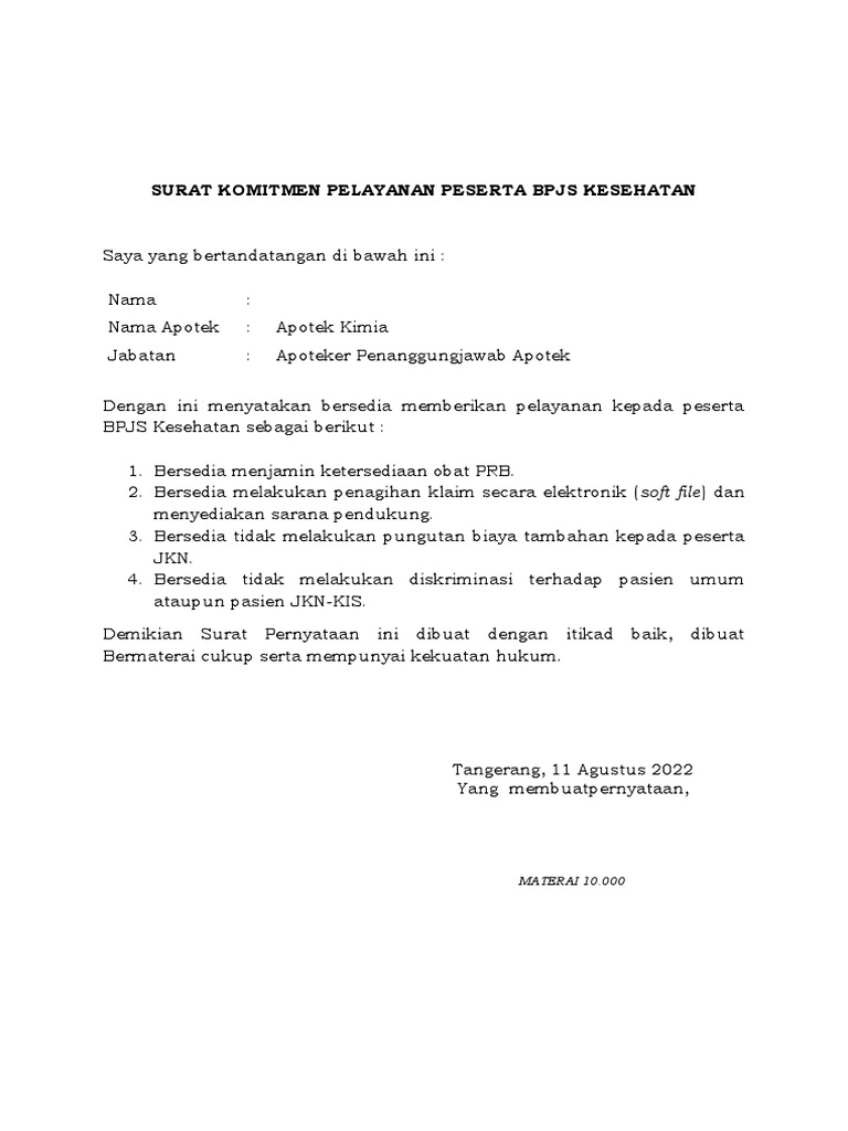 Surat Peryataan Komitmen Pelayanan FKTP Ke BPJS Kesehatan PRB KF MDL | PDF Surat Peryataan Komitmen Pelayanan FKTP Ke BPJS Kesehatan PRB KF MDL | PDF
