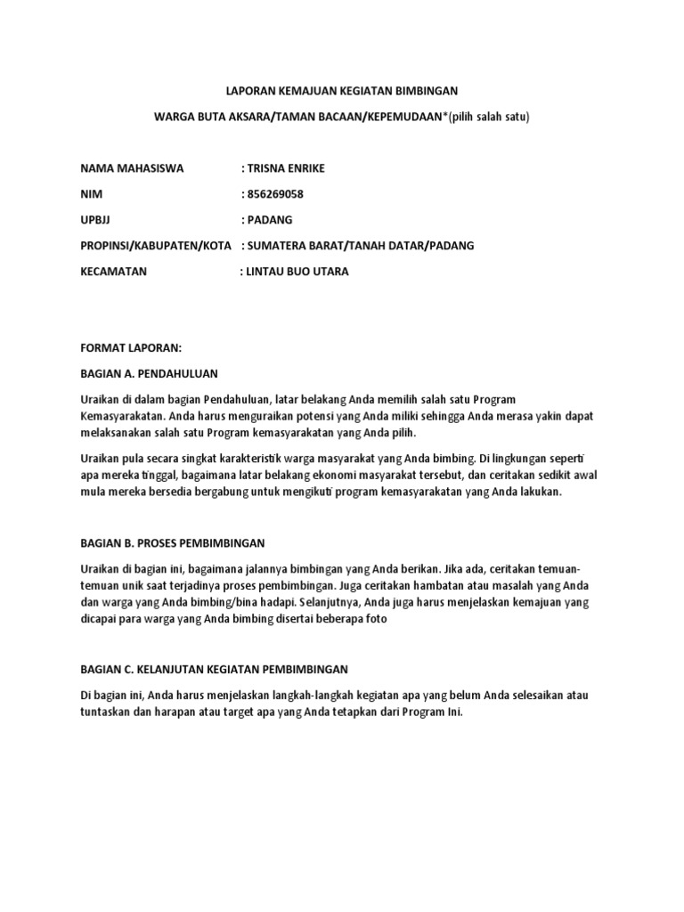 Format Laporan Kemajuan Kegiatan Bimbingan Siap | PDF